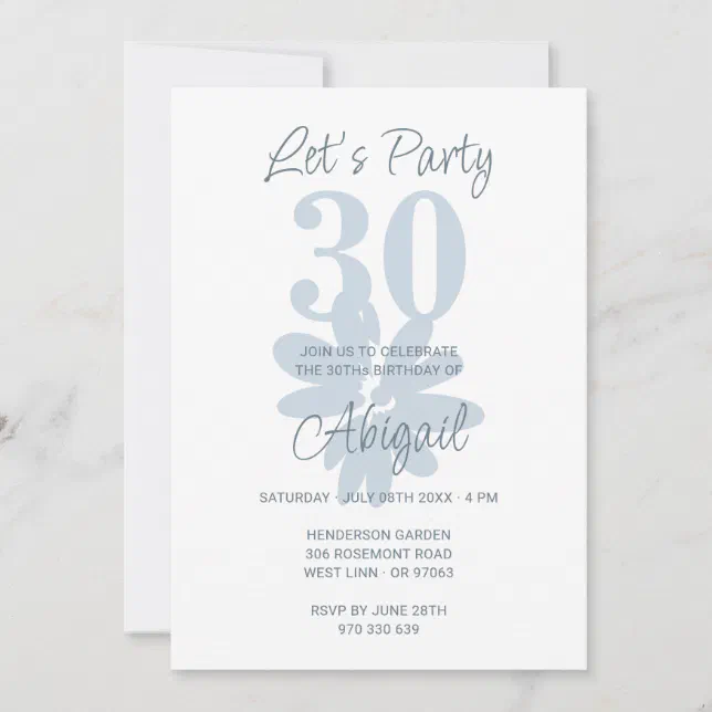 Modern Blue Flower 30th Birthday Invitation | Zazzle