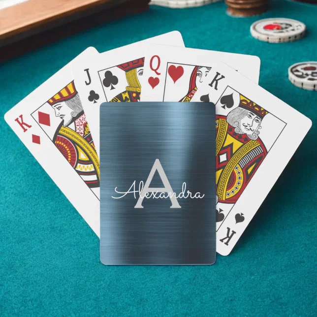 Modern Blue Foil Stainless Steel Monogram Poker Cards | Zazzle