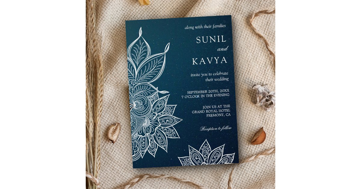 Modern Blue Galaxy Henna Indian Wedding Invitation | Zazzle