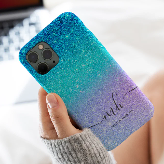 Modern blue glitter ombre purple chic monogrammed Case-Mate iPhone case ...