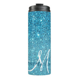 Modern Blue Glitter Sparkles Personalized Name Thermal Tumbler | Zazzle