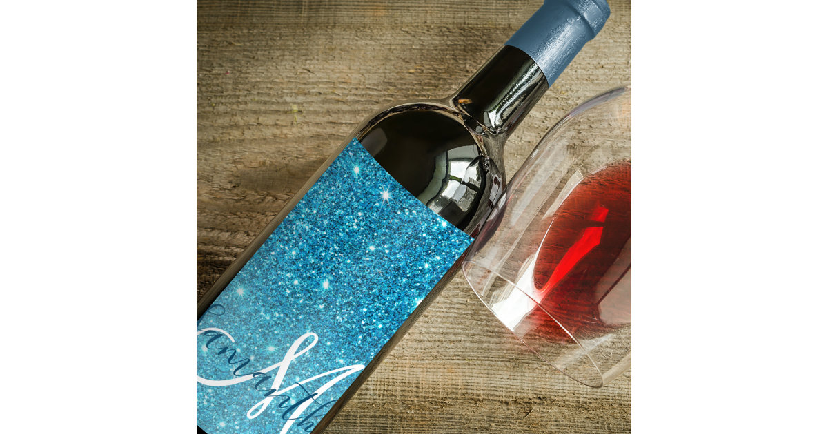 Modern Blue Glitter Sparkles Personalized Name Wine Label | Zazzle