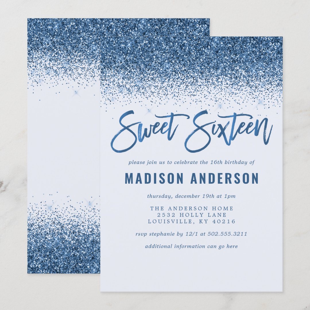 Modern Blue Glitter Sweet 16 Birthday Party Invitation | Zazzle