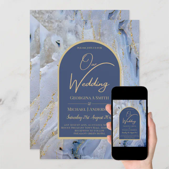 Modern Blue Gold Agate Marble Arch Wedding Invitation | Zazzle