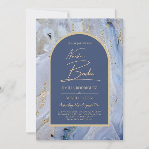 Modern Blue Gold Agate Marble Arch Wedding Invitation | Zazzle