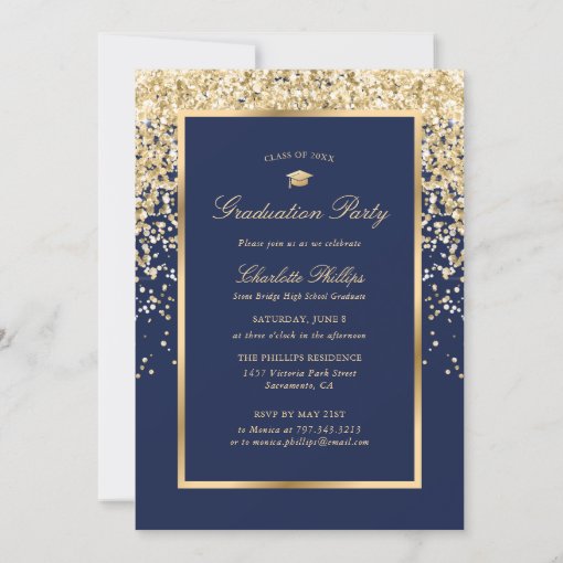 Modern Blue Gold Confetti Photo Graduation Party Invitation | Zazzle