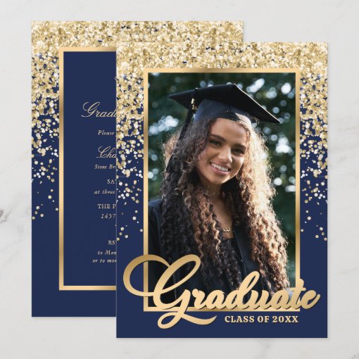 Modern Blue Gold Confetti Photo Graduation Party Invitation | Zazzle