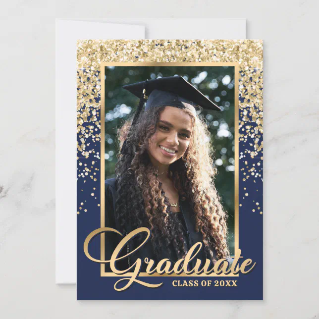 Modern Blue Gold Confetti Photo Graduation Party Invitation | Zazzle