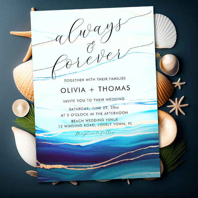 Modern Blue Gold Ocean Wave Always Forever Wedding Invitation | Zazzle