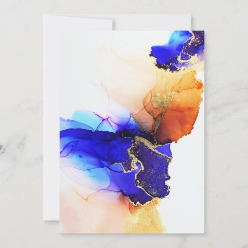 Modern Blue Gold Orange Alcohol Ink Wedding Invitation | Zazzle