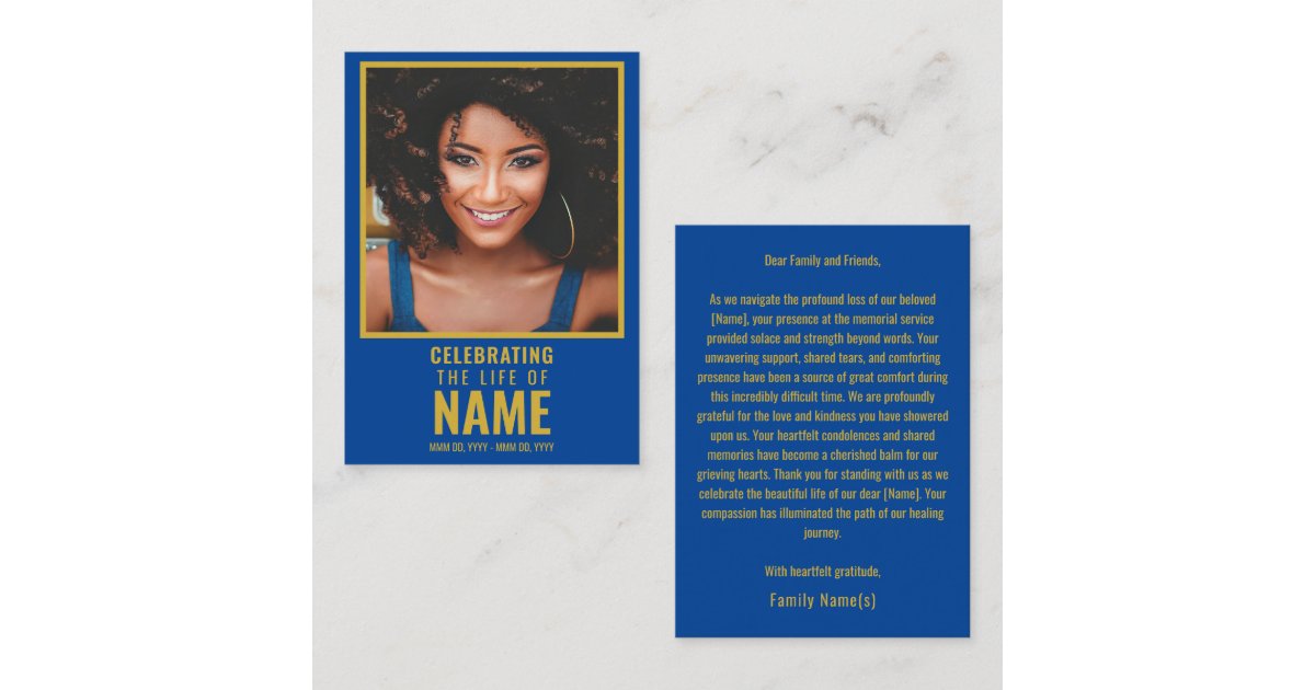 Modern Blue Gold Photo Celebration of Life Note Card | Zazzle