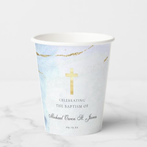 Modern Blue Gold Signature Baptism Christening Paper Cups | Zazzle