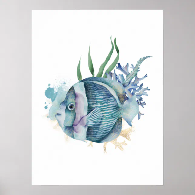 Modern Blue & Gold Watercolor Fish Poster | Zazzle