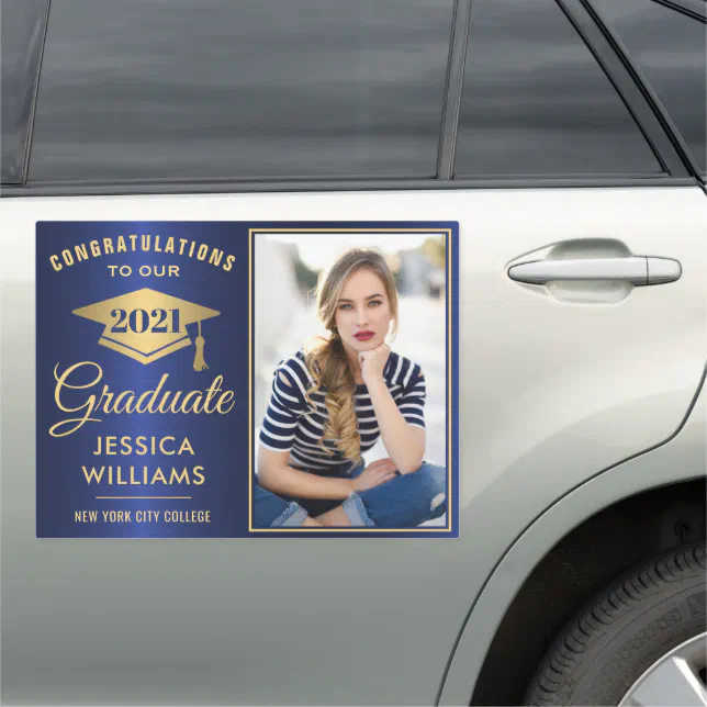 Modern Blue Golden PHOTO Graduation Large Car Magnet | Zazzle