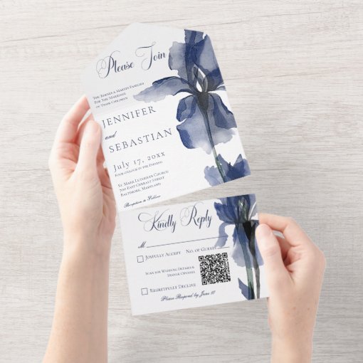 Modern Blue Iris Flower QR Code All In One Invitation | Zazzle