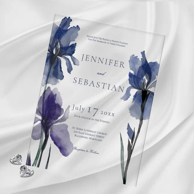 Modern Blue Iris Flowers Wedding Acrylic Invitations | Zazzle
