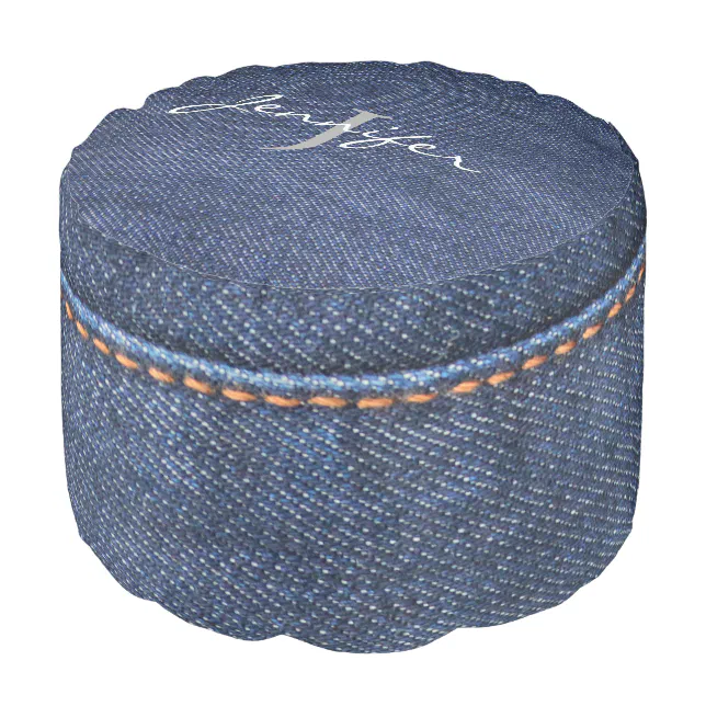 Modern Blue Jeans denim pattern monogram name Pouf | Zazzle