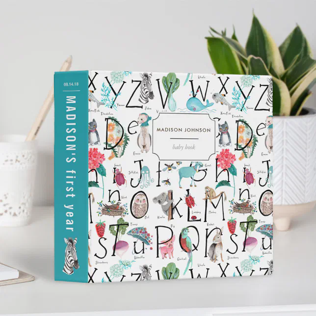 Modern Blue kids ABC Animals Baby book Binder | Zazzle