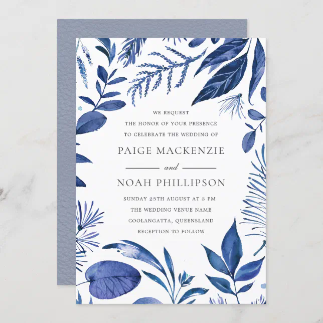 Modern Blue Leaf Elegant Wedding Invitation | Zazzle