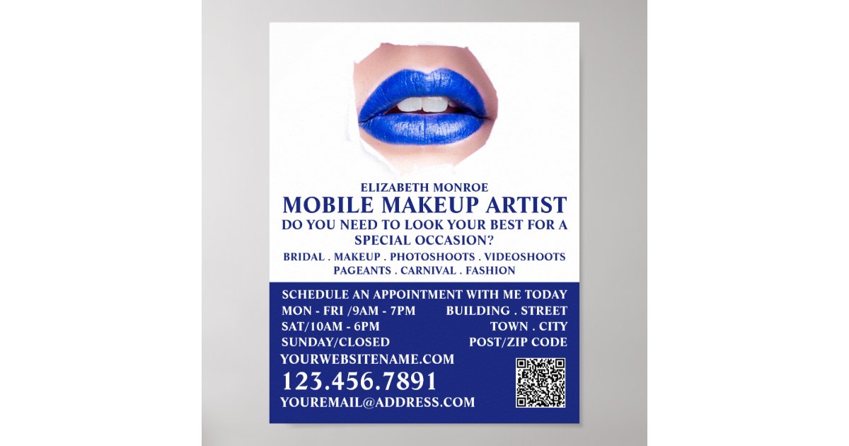 Modern Blue Lips, Makeup Artist Advertising Poster | Zazzle