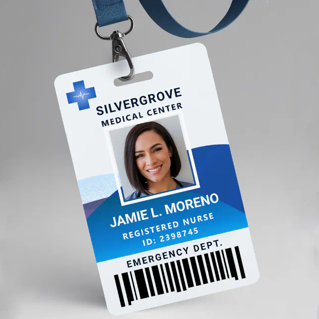 Modern Blue Logo Clinic Hospital Photo Nurse ID Badge | Zazzle