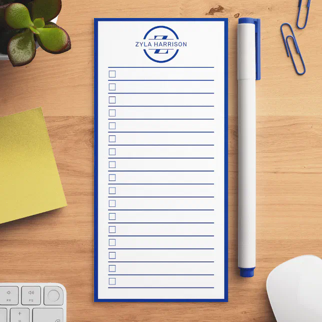 Modern Blue Monogram Name To Do List Magnetic Notepad | Zazzle