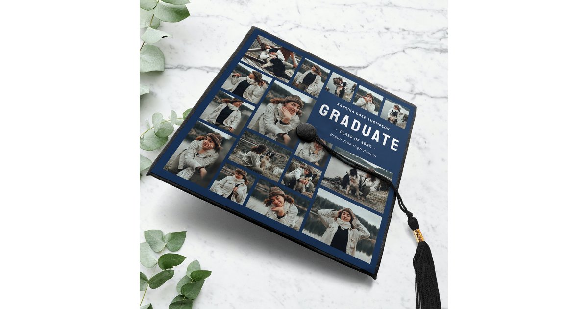 Modern Blue Multi Photo Graduation Cap Topper | Zazzle