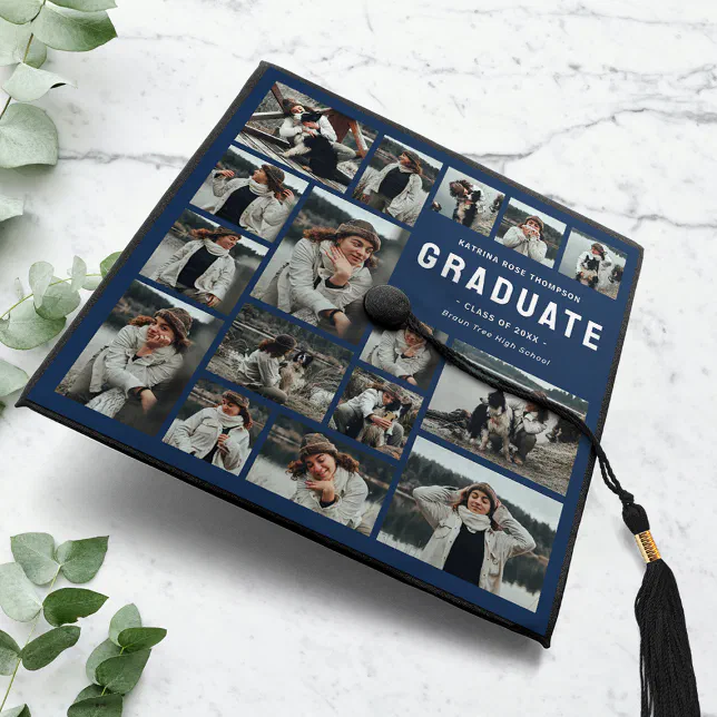 Modern Blue Multi Photo Graduation Cap Topper | Zazzle