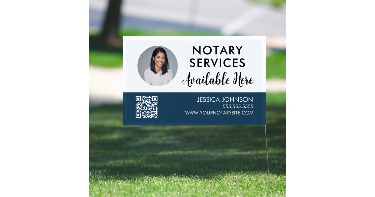 Modern Blue Notary Available Minimal Photo QR Code Sign | Zazzle