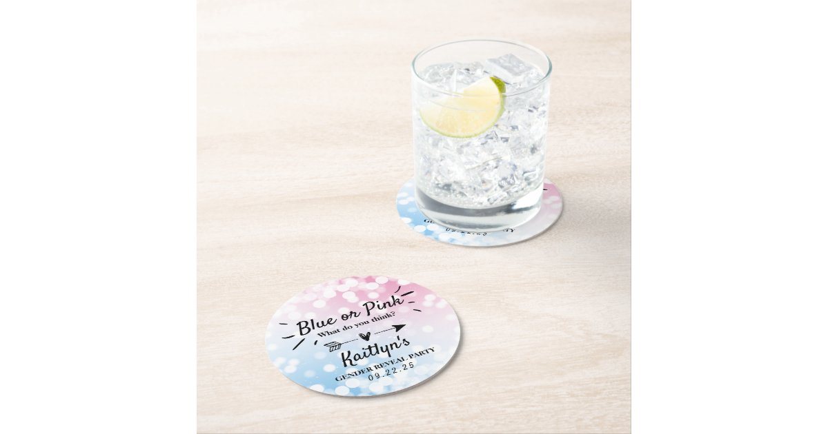 Modern Blue Or Pink? Gender Reveal Party Round Paper Coaster | Zazzle