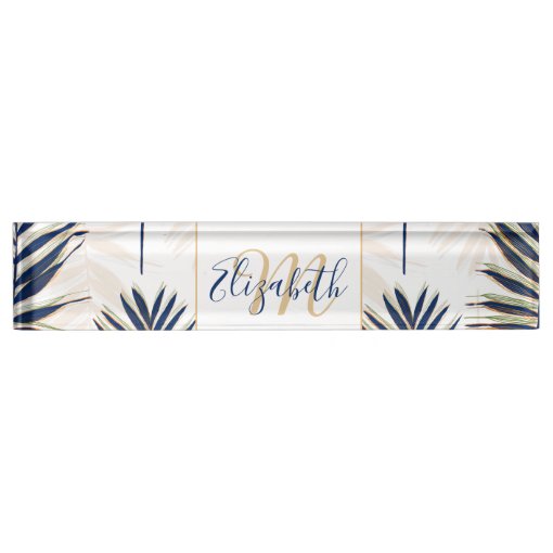 Modern Blue Palm Leaves Gold Strokes White Design Desk Name Plate | Zazzle