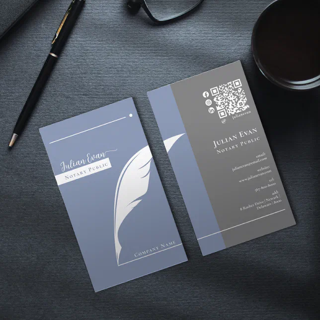 Modern Blue Pen nib Logo Notary Public Qr code Business Card | Zazzle