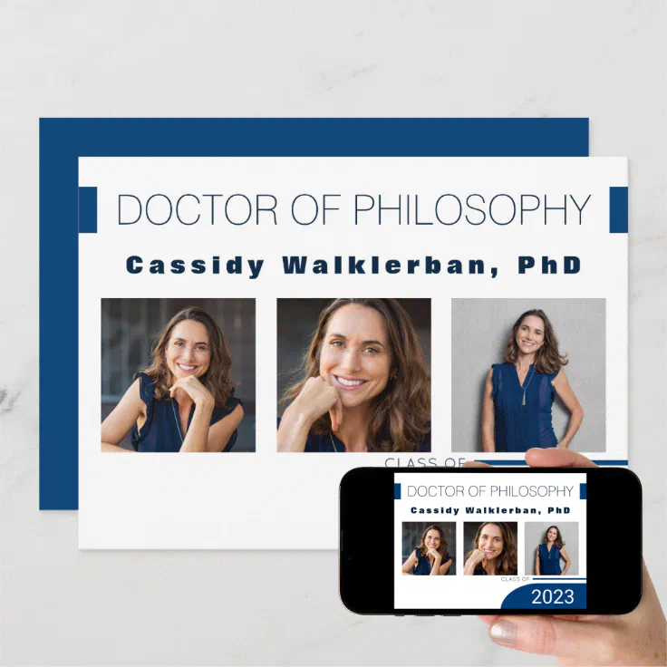 Modern Blue PhD Photo Graduation Announcement | Zazzle