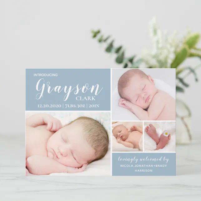 Modern Blue Photo Collage Baby Boy Birth Announcement | Zazzle