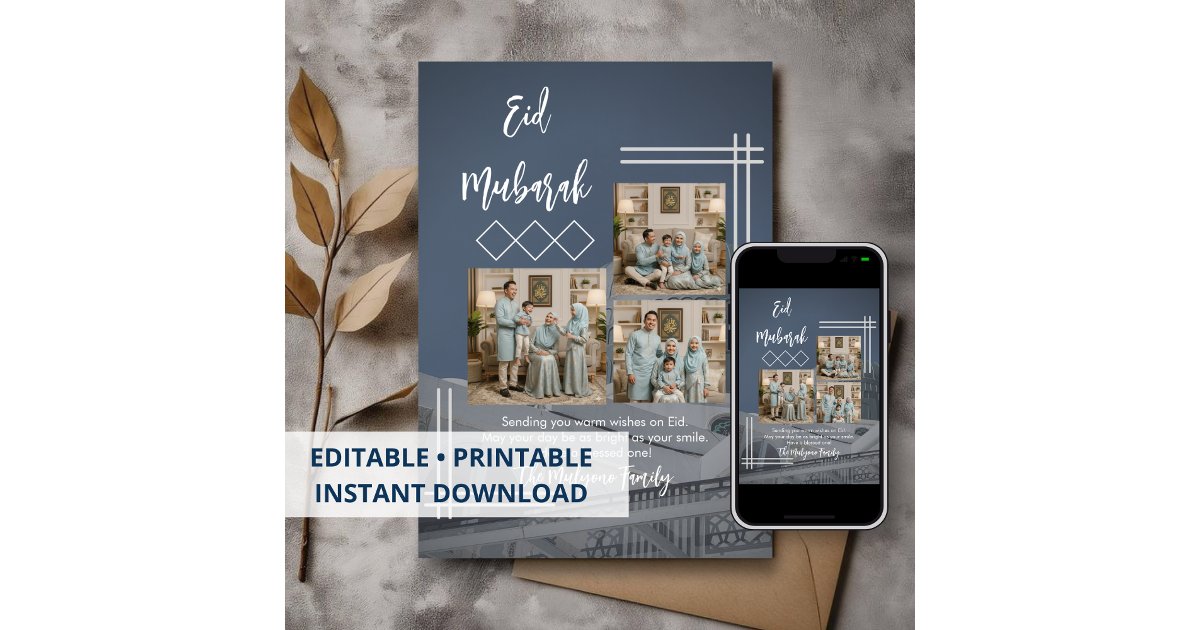 Modern Blue Photo Collage Eid Mubarak Card | Zazzle