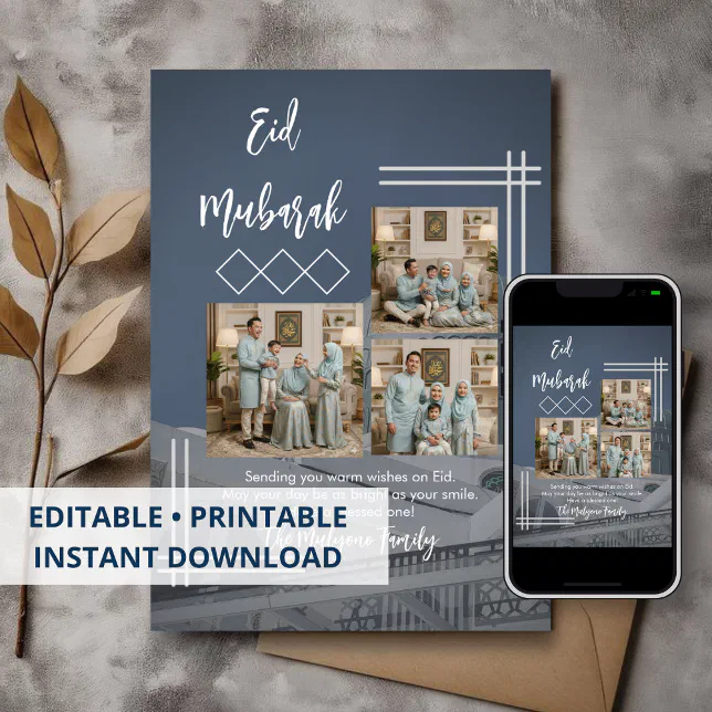 Modern Blue Photo Collage Eid Mubarak Card | Zazzle