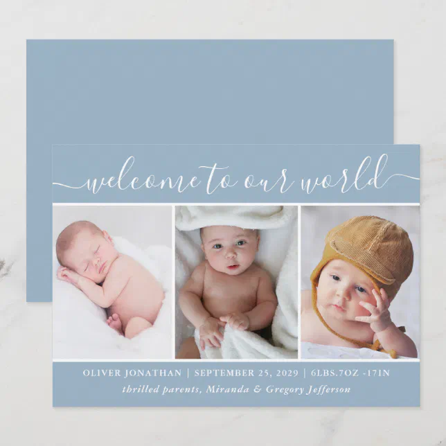 Modern Blue Photo Collage Welcome Baby Boy Birth Announcement | Zazzle