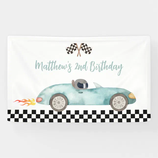 Modern Blue Race Car Birthday Banner | Zazzle