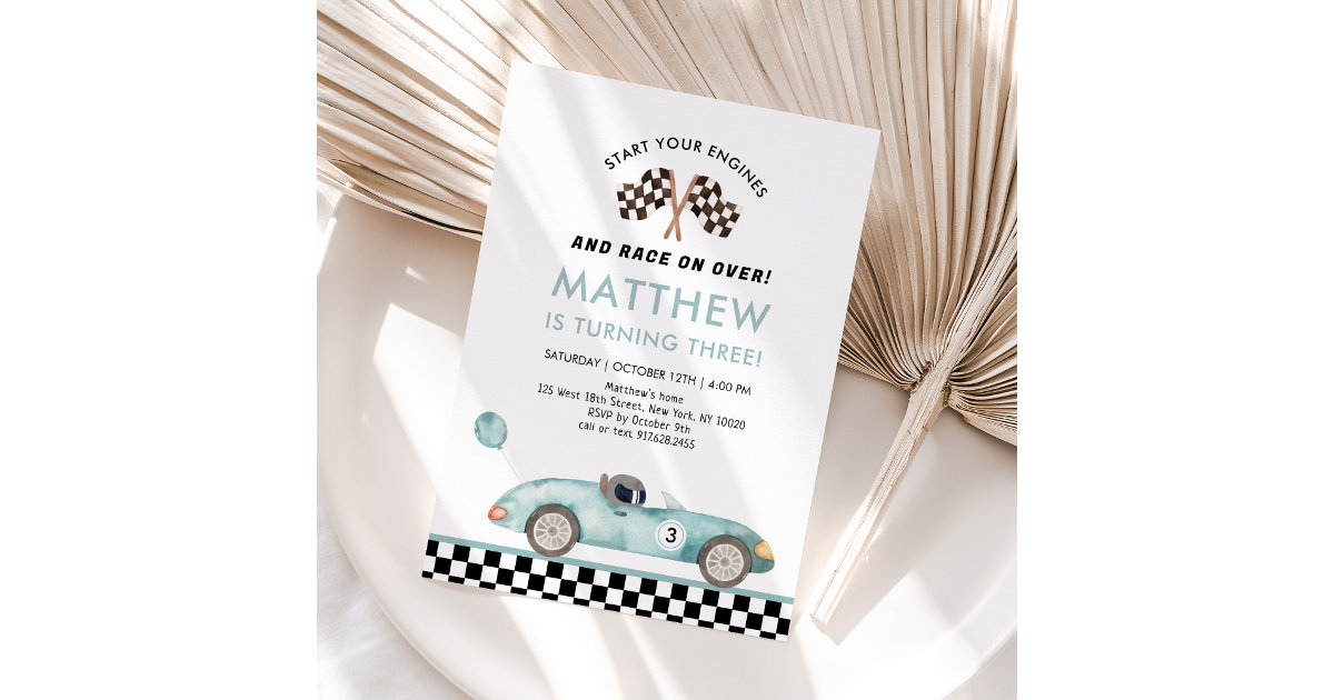 Modern Blue Race Car Birthday Invitation | Zazzle