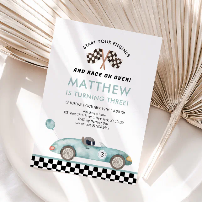 Modern Blue Race Car Birthday Invitation | Zazzle