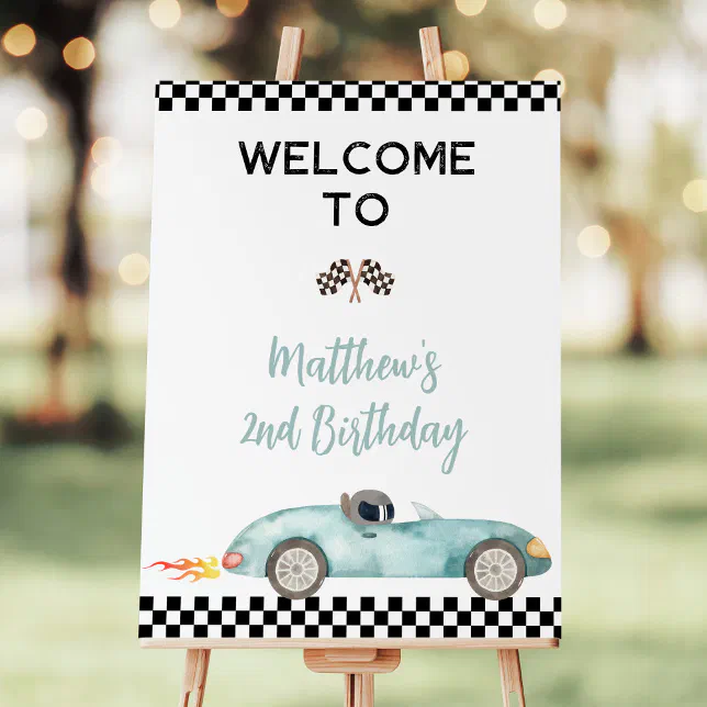 Modern Blue Race Car Birthday Welcome Foam Board | Zazzle