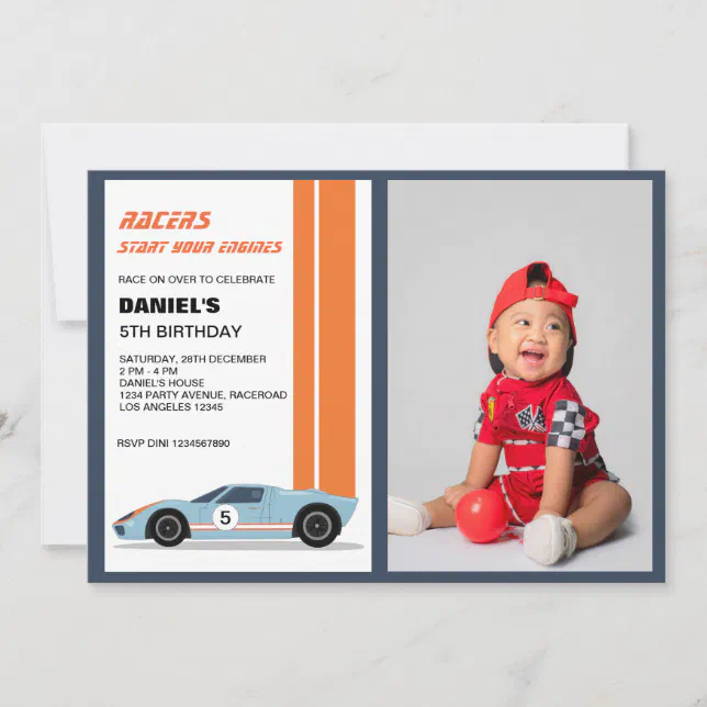 Modern Blue Race Car Boy Birthday Photo Invitation | Zazzle