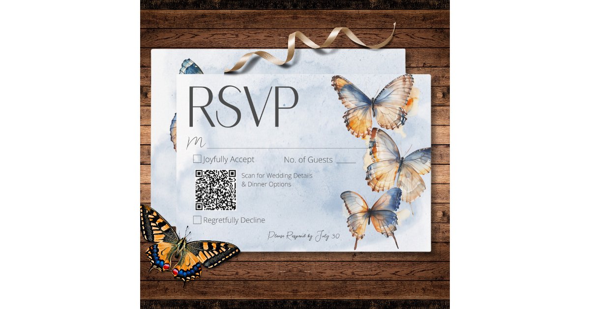 Modern Blue & Rust Watercolor Butterflies QR Code RSVP Card | Zazzle
