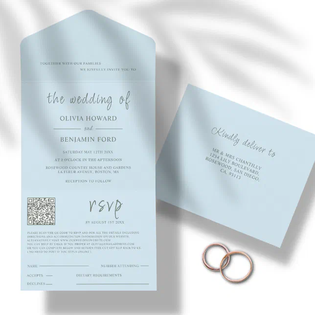 Modern Blue & Sage Green QR Code All In One Invitation | Zazzle