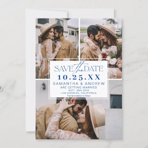 Modern blue save the date 3 photos grid collage | Zazzle
