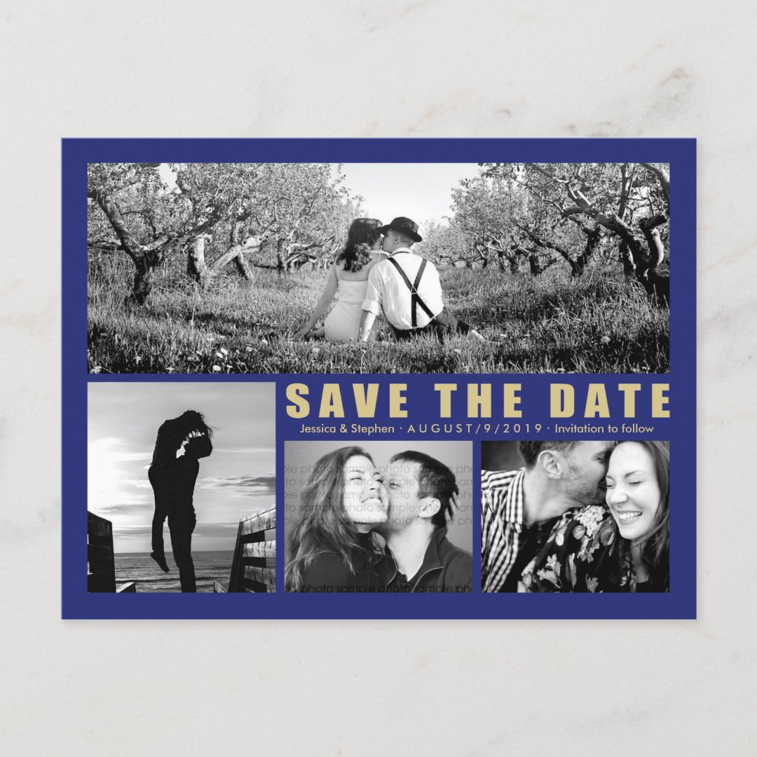 Modern Blue Save The Date Collage 4 Photo Postcard | Zazzle