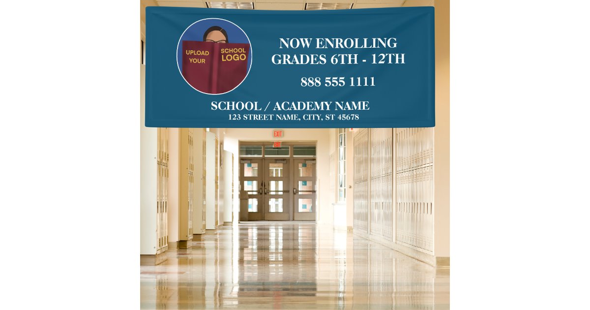 Modern Blue School Logo Now Enrolling Banner | Zazzle