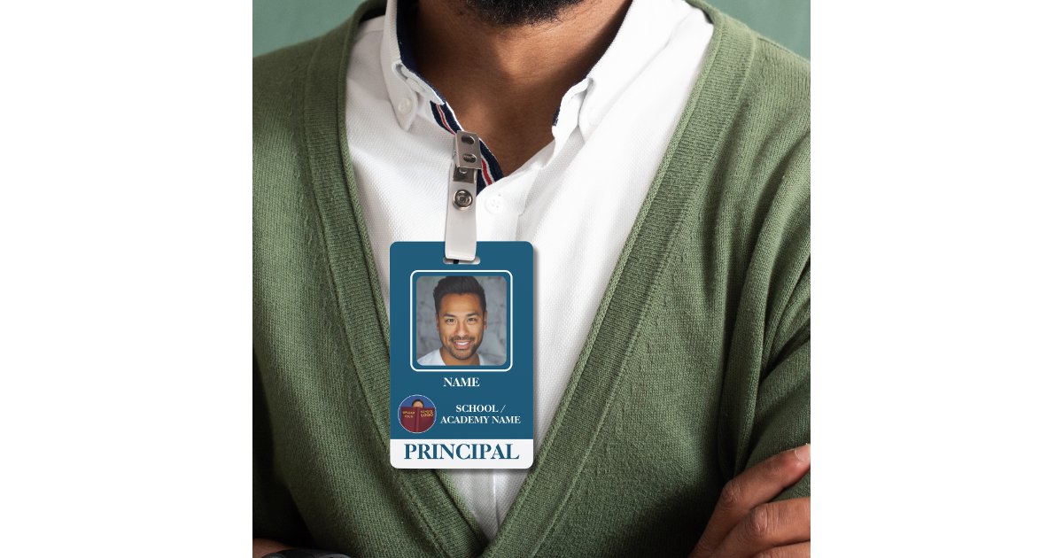 Modern Blue School Logo Principal Badge | Zazzle