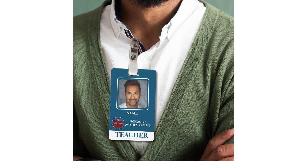 Modern Blue School Logo Teacher Employee Badge | Zazzle