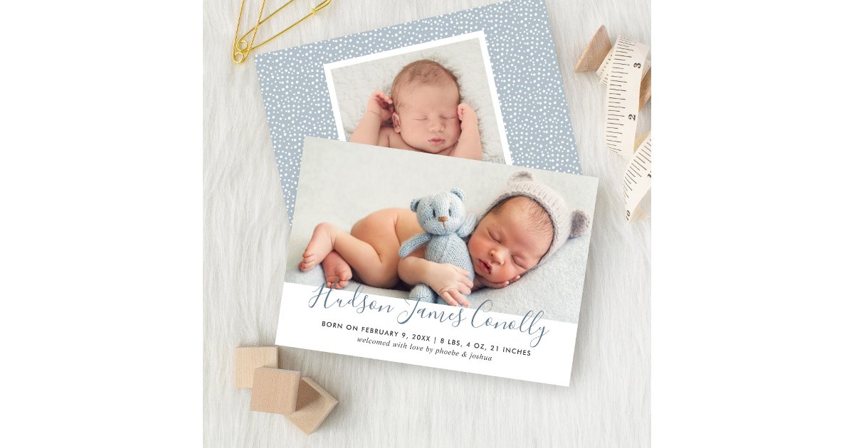 Modern Blue Script Baby Boy Photo Birth Announcement | Zazzle